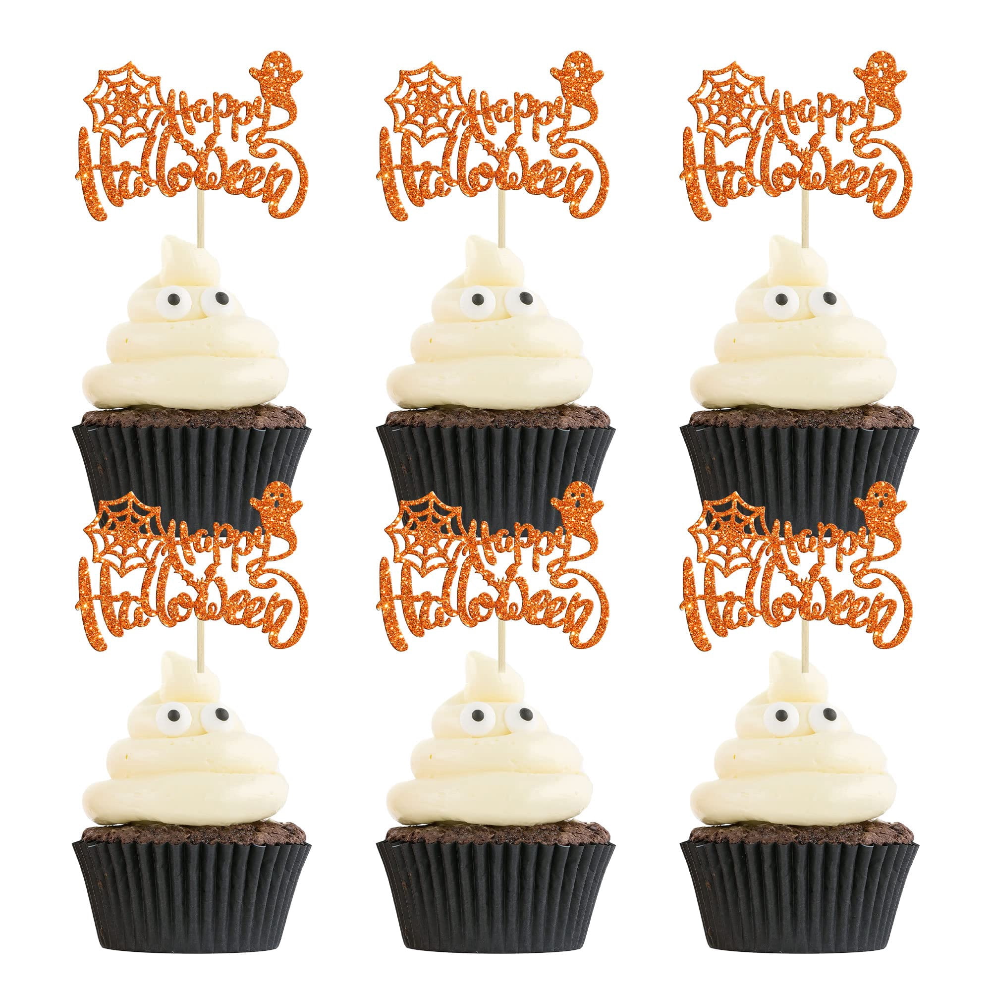 24Pcs Happy Halloween Cupcake Toppers Orange Glitter H2FSDGhost Spider ...