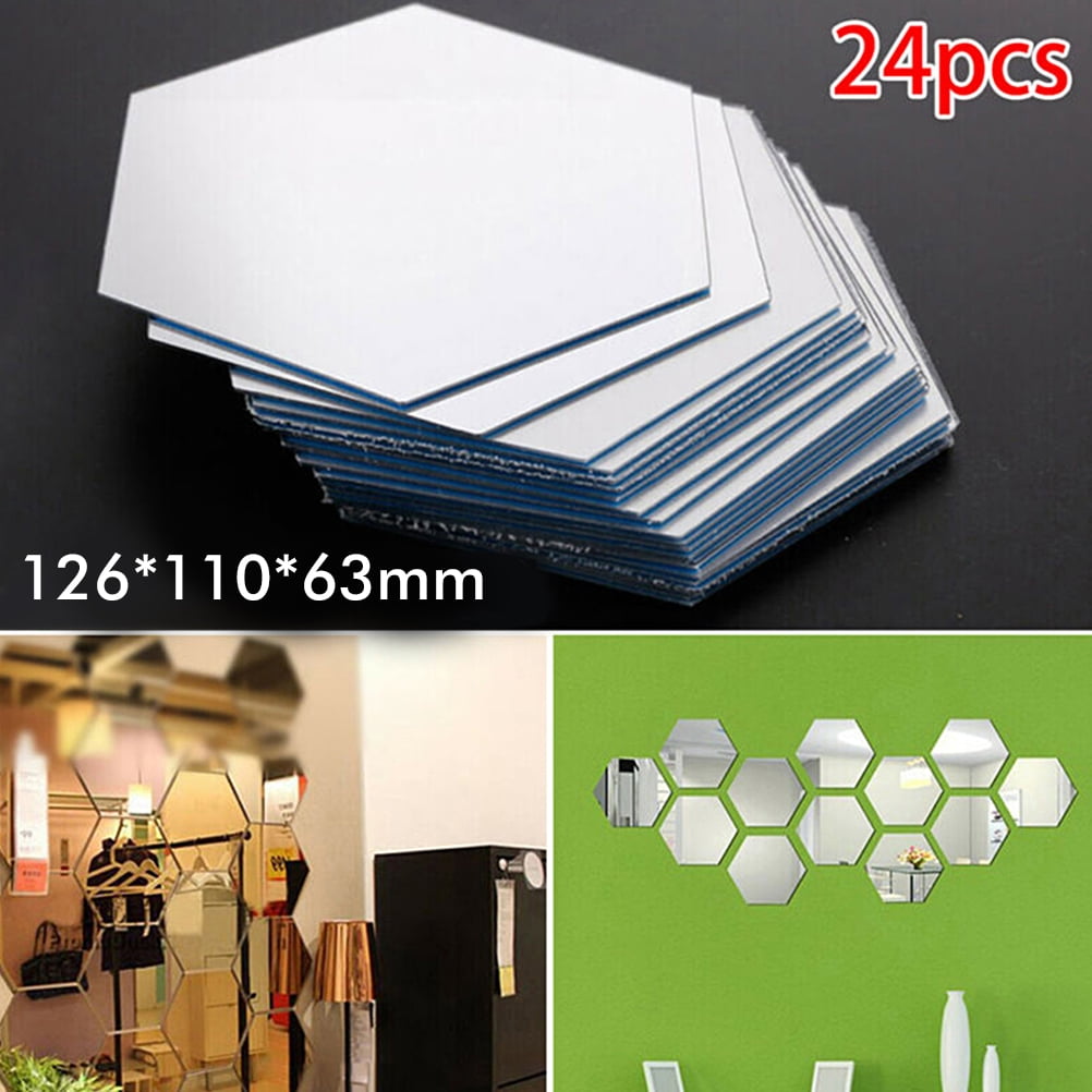 24Pcs Hexagon Mirror Sticker Self Adhesive Mosaic Tiles Bathroom ...