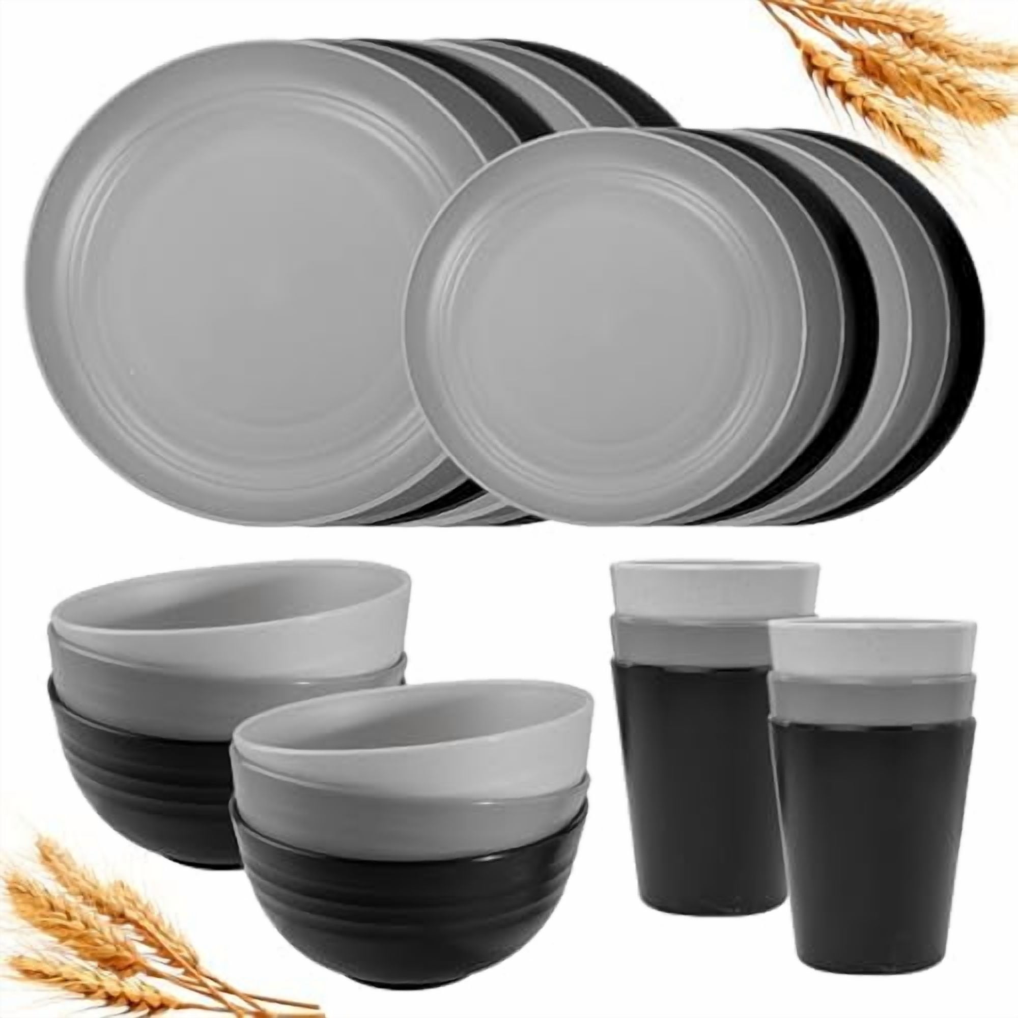 24Pcs Kitchen Plastic Wheat Straw Dinnerware Set,Dinnerware Sets for 6 ...