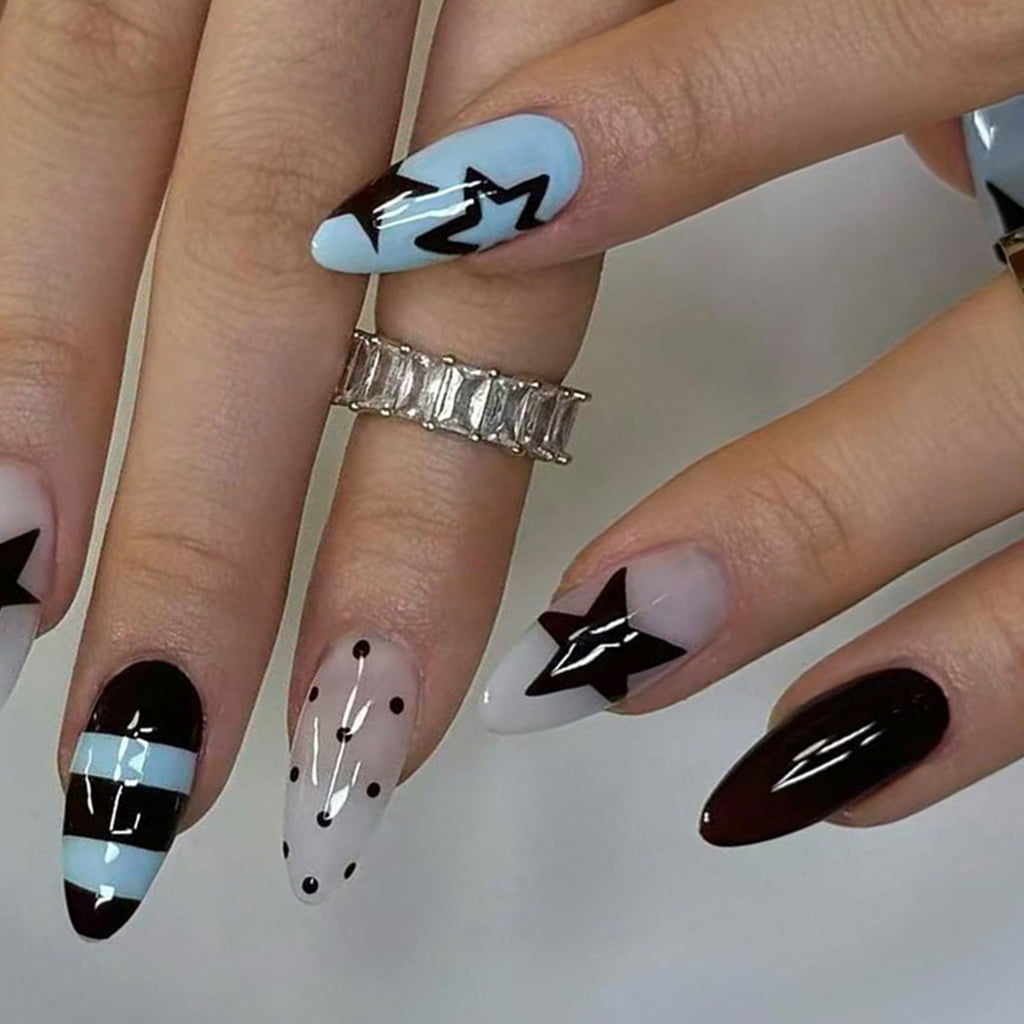 24Pcs Light Blue Star Polkas Dot Glossy False Nails Mediums Almond ...