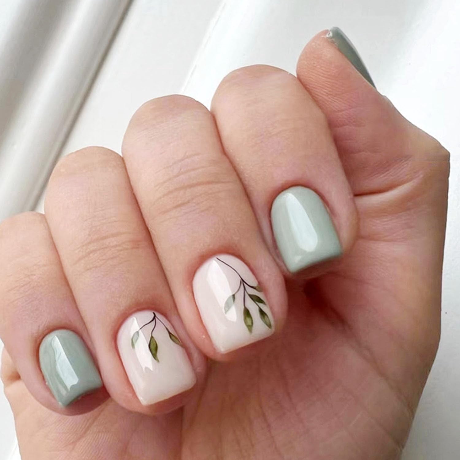 24Pcs Light Green Press on Nails Square Short False Nails Natural ...