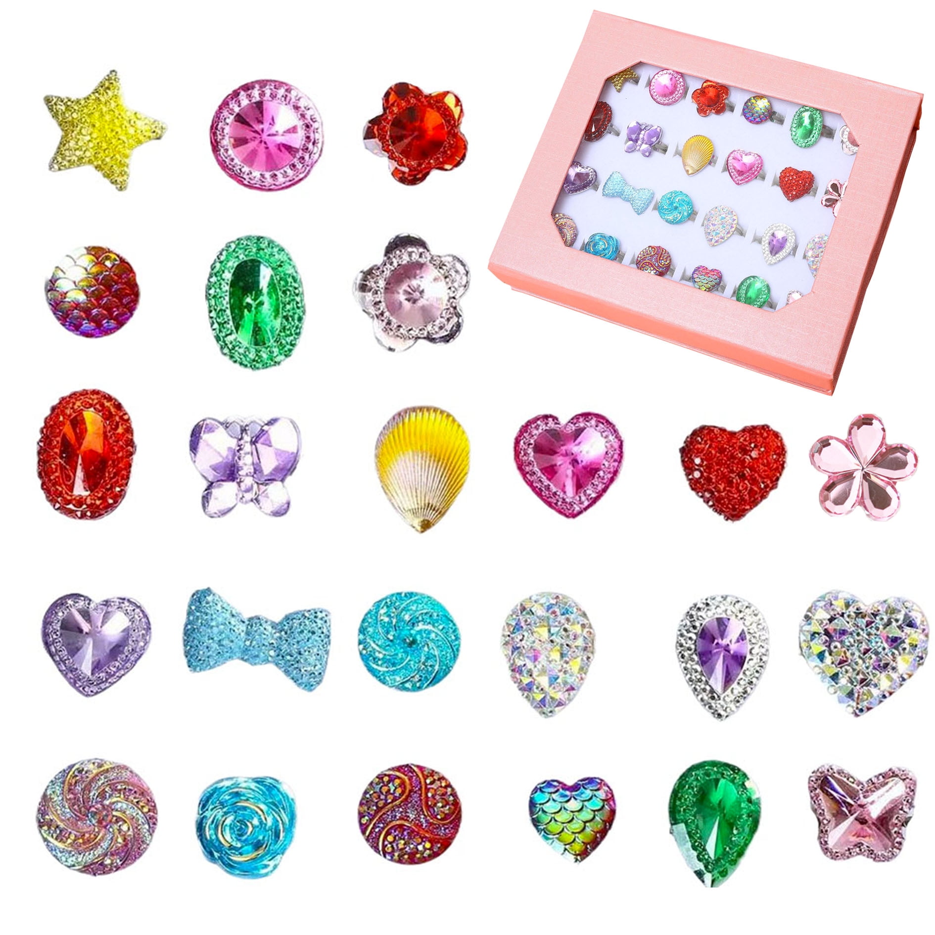 24Pcs Little Girl Jewel Rings in Box, Adjustable Kids Dress Up Pretend ...