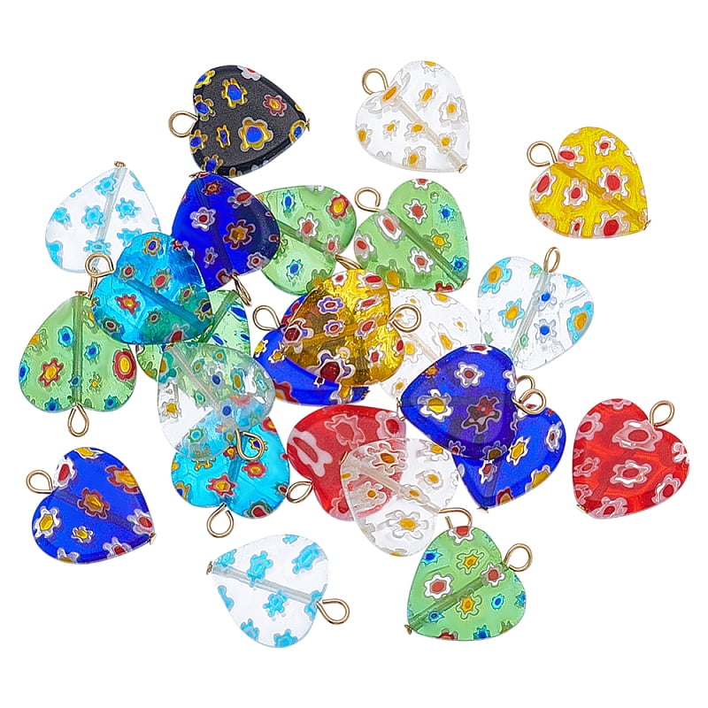 24Pcs Millefiori Glass Pendants Heart with 304 Stainless Steel Flat ...