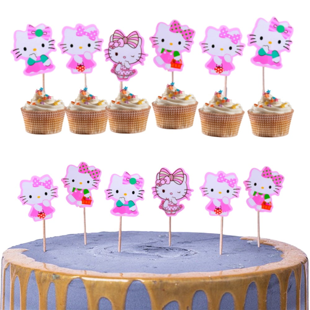 24Pcs/Pack Hello Kitty Cake Toppers Pink Kitty Cat Theme CupCake ...
