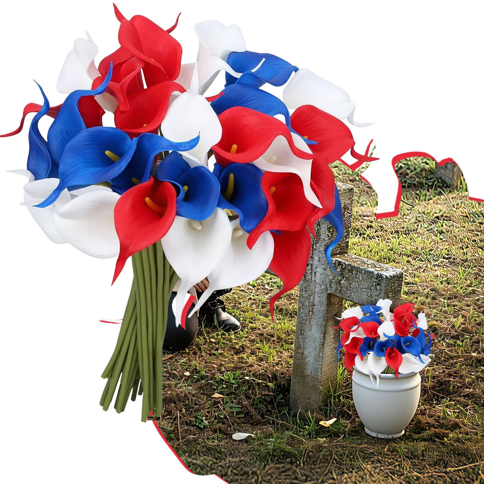 24Pcs Patriotic Calla Lily Artificial Flowers,13.5Inch Red White Blue ...