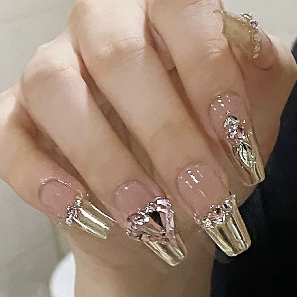 24Pcs Pink Ballet False Nails Long Coffin with Rhinestone Love Heart ...