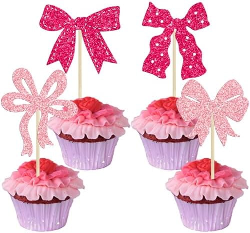 24Pcs Pink Bow Cupcake Toppers Bow Birthday Cake Topper Girls Birthday ...