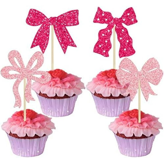 24Pcs Pink Bow Cupcake Toppers Bow Birthday Cake Topper Girls Birthday ...