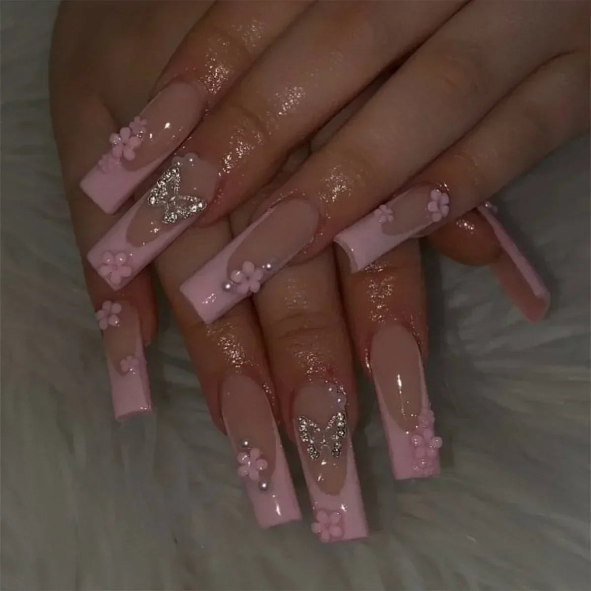 24Pcs Pink Bow Design False Nails Long Ballet Press on Nails with Pearl ...