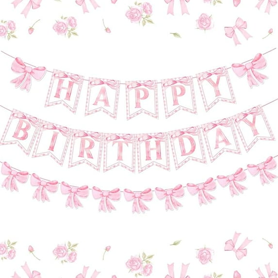 24Pcs Pink Bow Princess Birthday Banner Coquette Bow Banner Garland Bow ...