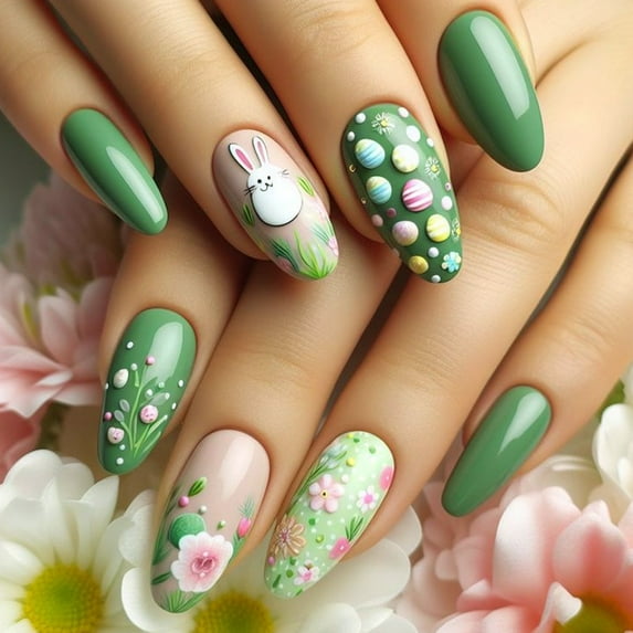 24Pcs Press on Nails Short Almond Fake Nails Cute Easter Rabbit Acrylic ...