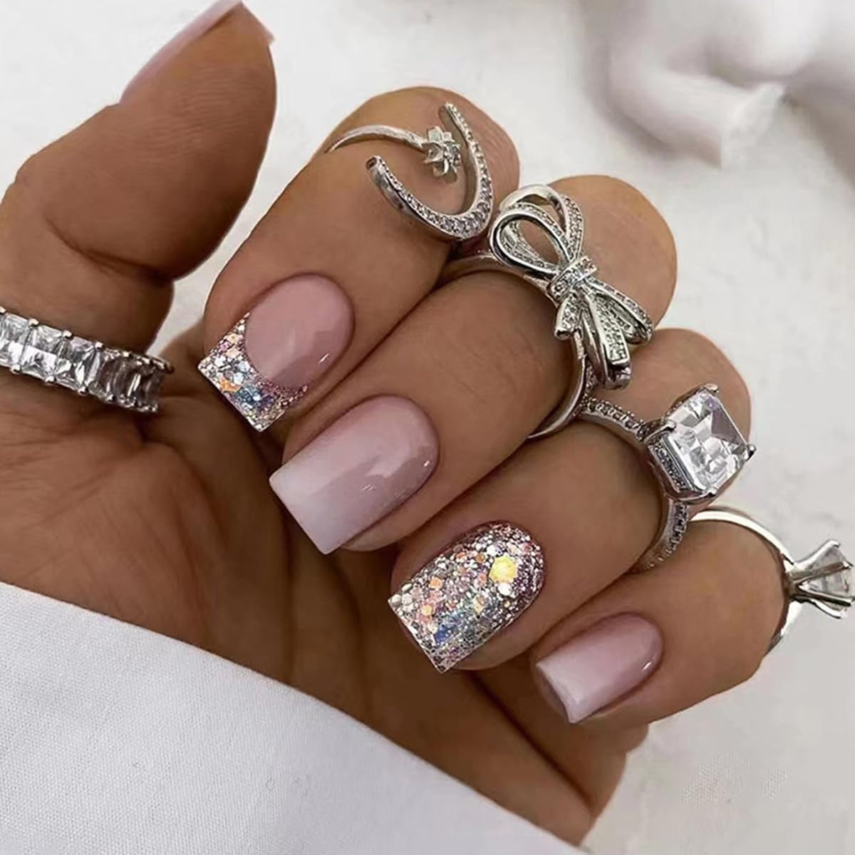 24Pcs Press on Nails Short Square Fake Nails White Ombre Sequins French ...