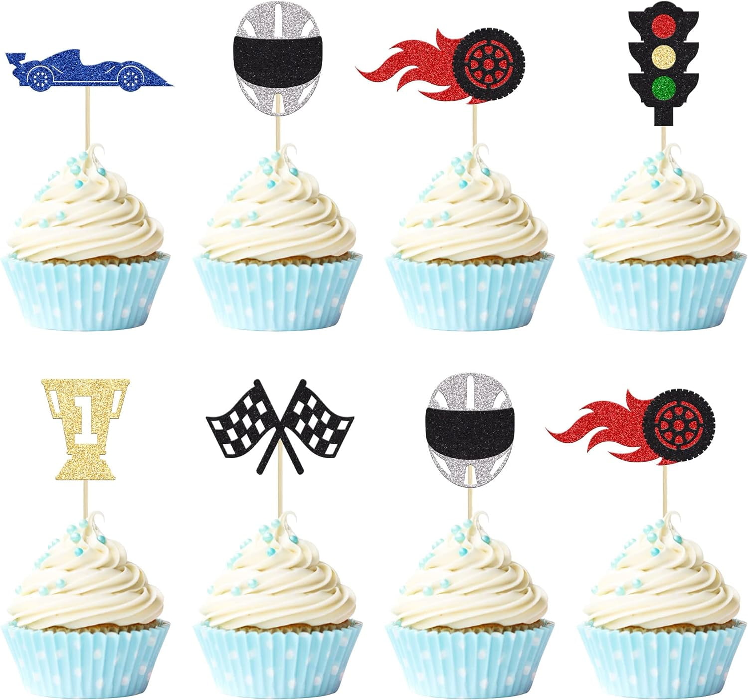 24Pcs Race Car Cupcake Toppers - Glitter Traffic Light, Trophy, Flag ...