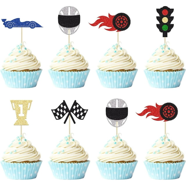 24Pcs Race Car Cupcake Toppers - Glitter Traffic Light, Trophy, Flag ...