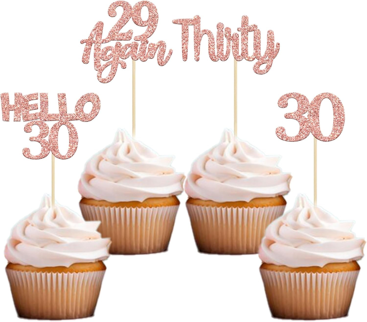 24Pcs Rose Gold Glitter 30th Birthday Cupcake Toppers Hello 30 Cake ...