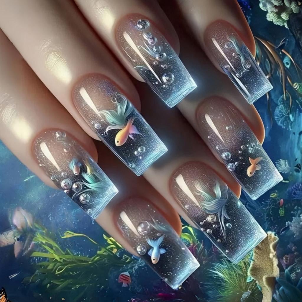 24Pcs Sea Inspired False Nail With Goldfish Design Long Lasting Nail ...