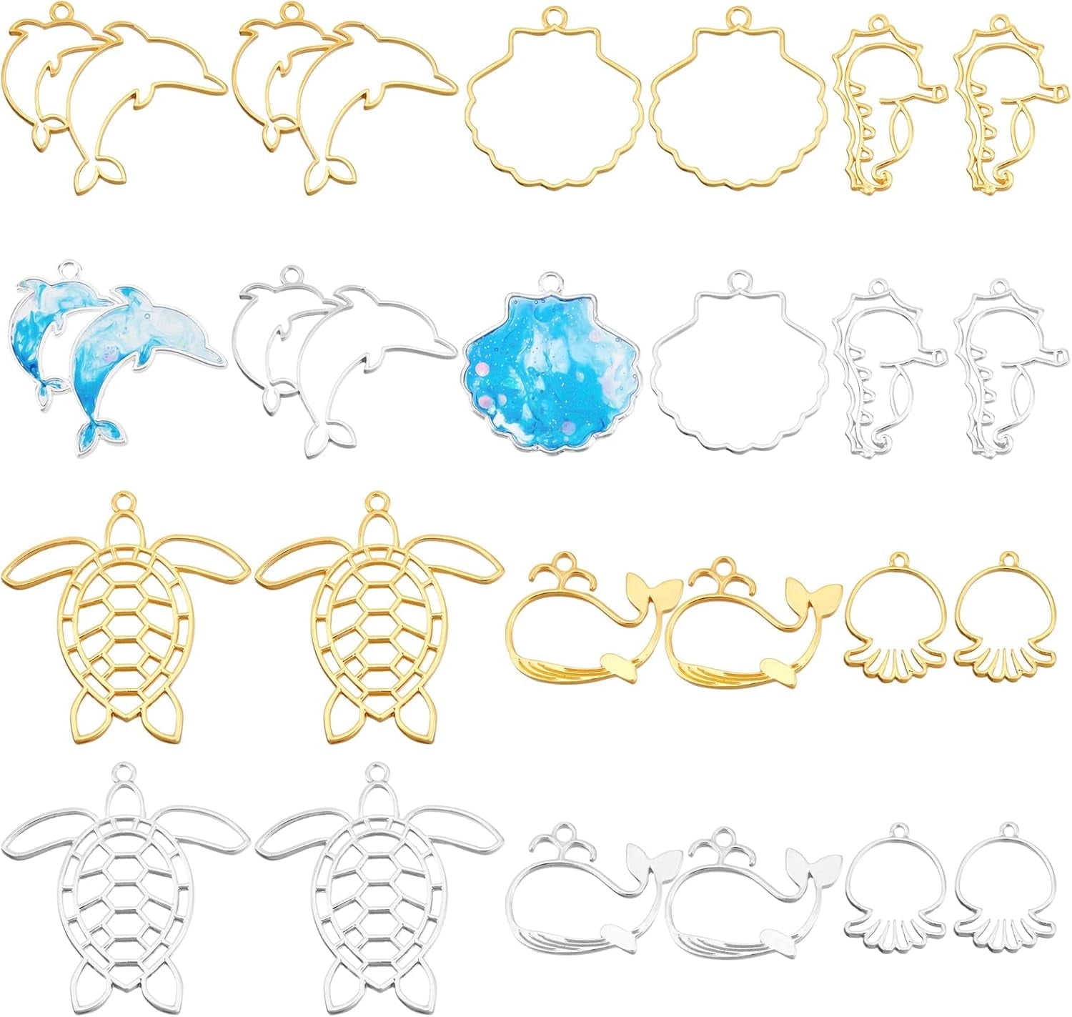 24Pcs Sea Theme Open Bezel Pendant 12-Style Alloy Frame Pendants Color ...
