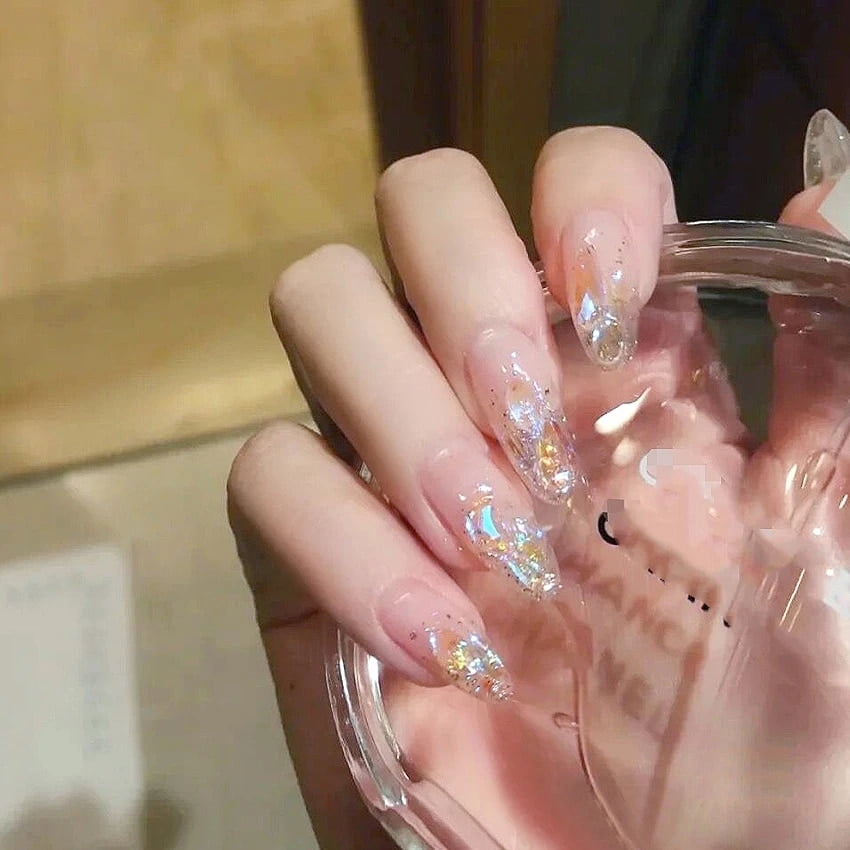 24Pcs/Set Nail Art Fake Nails with Diamonds Pink Silver Glitter Wearing ...