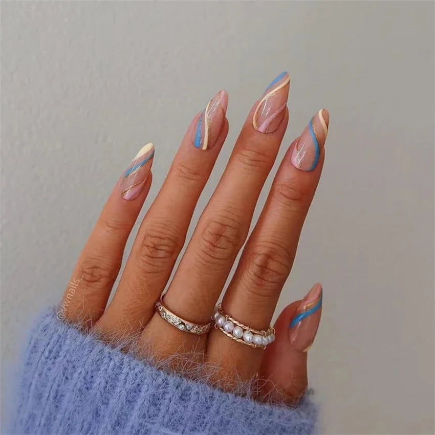 24pcs Set White Long Almond Fake Nails Art Black Heart Oval Artificial