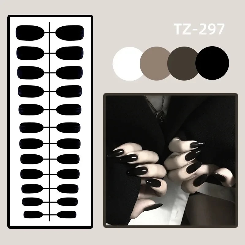 24pcs Set White Long Almond Fake Nails Art Black Heart Oval Artificial