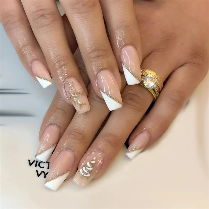 24pcs Set White Long Almond Fake Nails Art Black Heart Oval Artificial