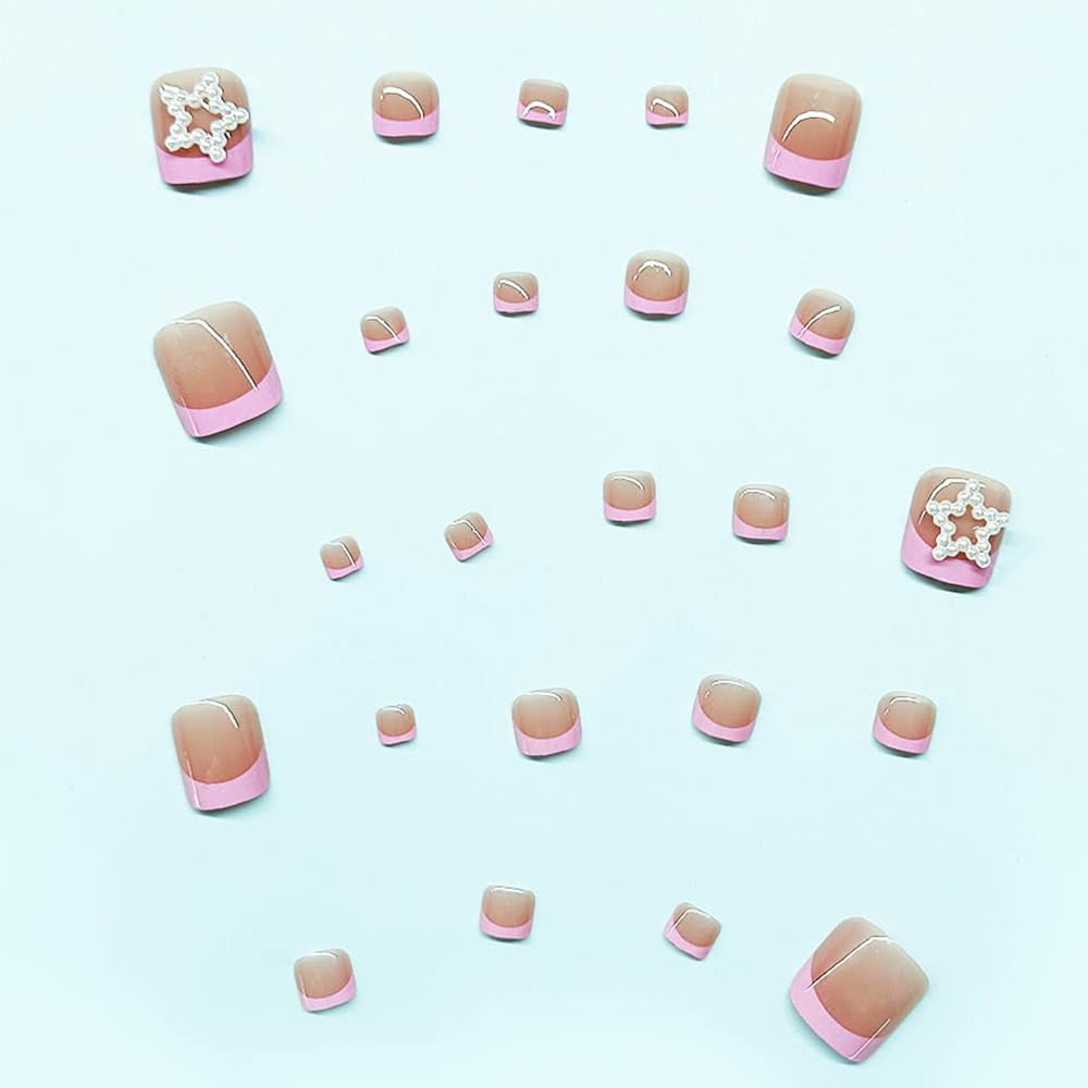 24Pcs Short Press on Toenails Square Pink French Tip Toenail Press ons ...