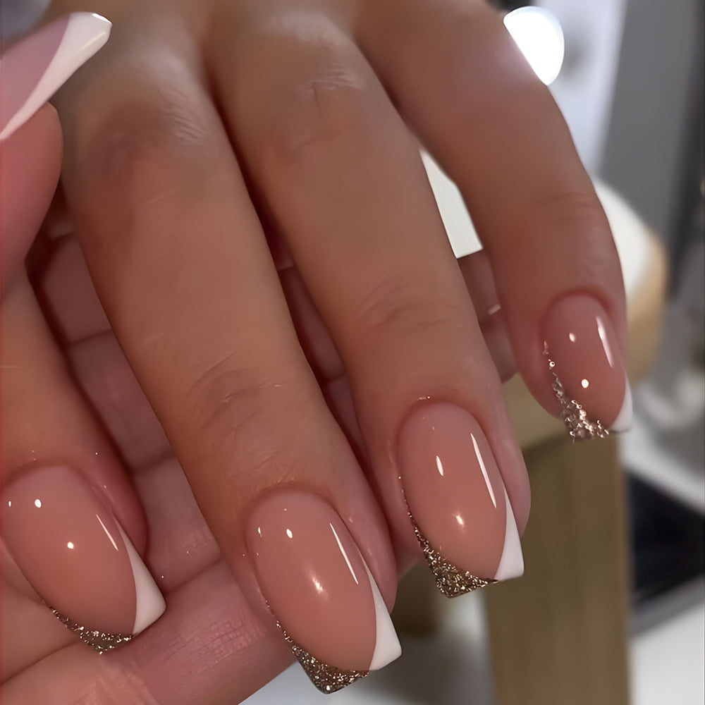 24Pcs Short Square False Nails with Jelly Adhesive Glitter Gradient ...