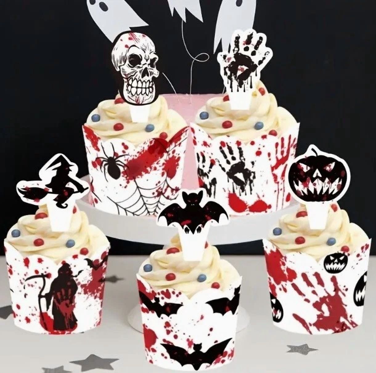 24Pcs Spooky Cupcake Toppers & Bottoms Halloween Cake Decorating Set ...