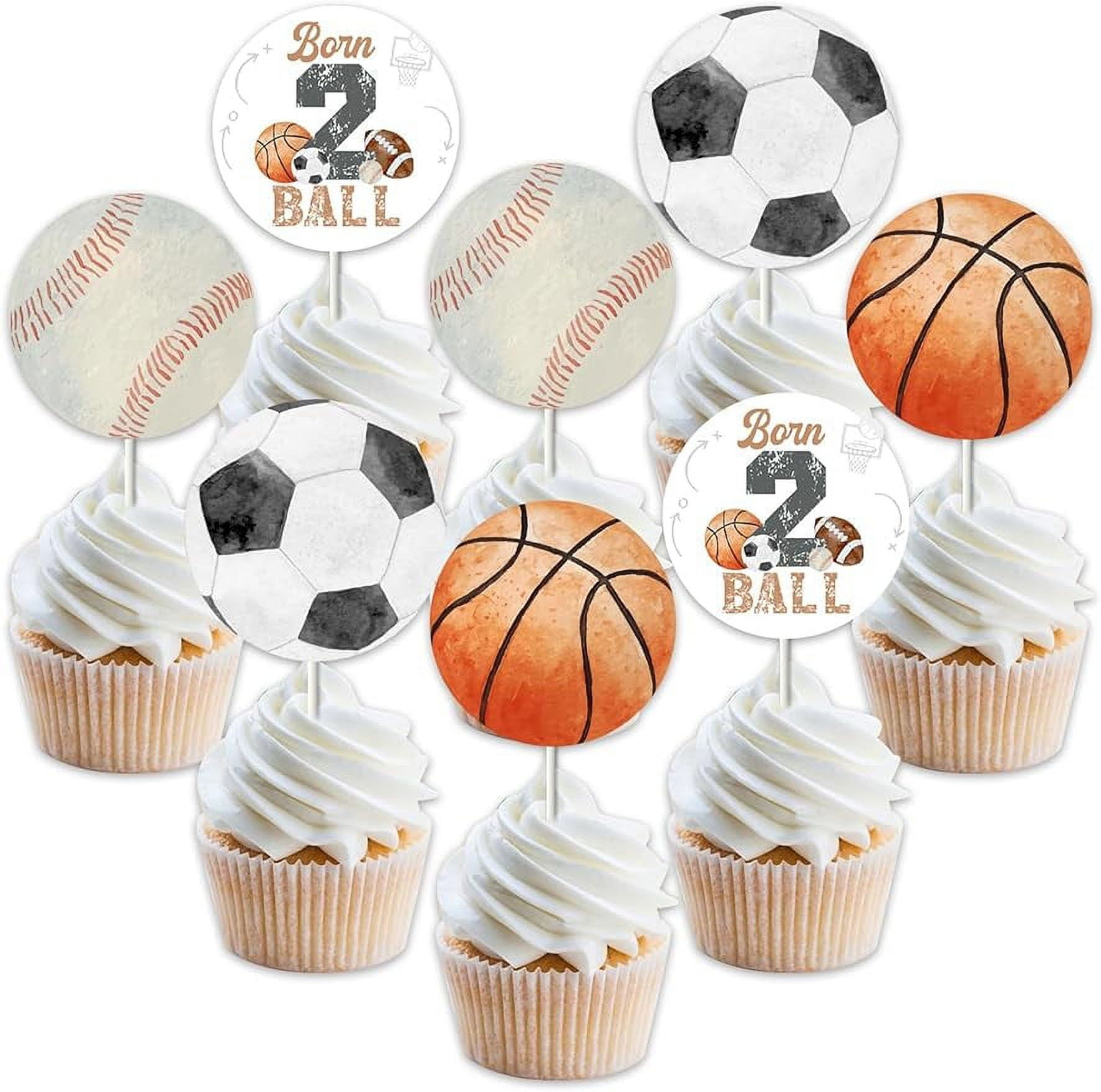 24Pcs Sports Cupcake Toppers Boys, Born 2 Ball 2nd Birthday Decoration ...