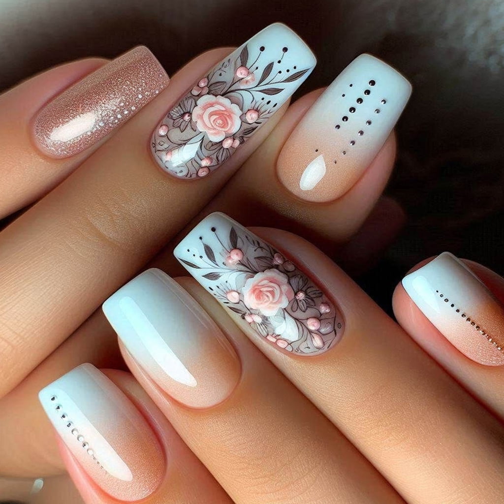 24Pcs Square Fake Nails Press On Nails Artificial Nails Acrylic False ...