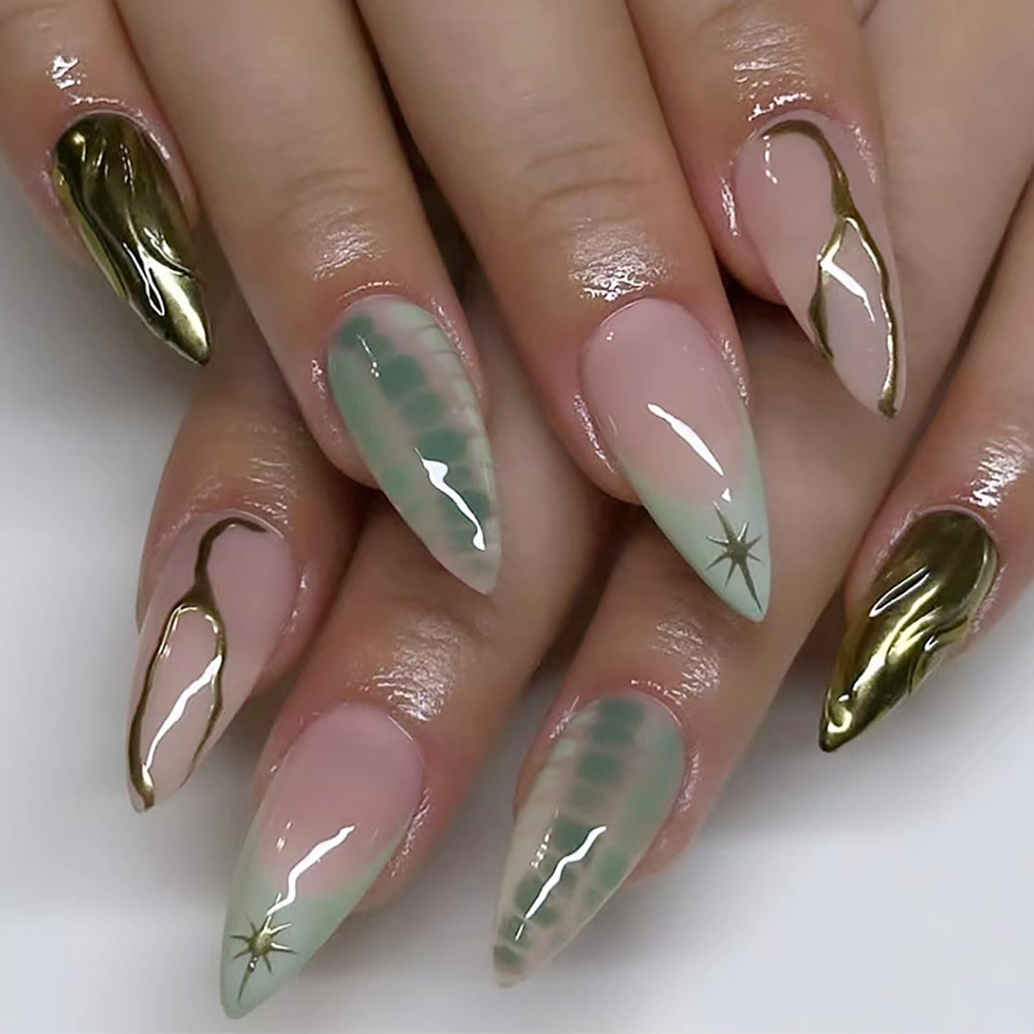 24Pcs Square Press on Nails Medium Punk Fake Nails Green Black Gradient ...