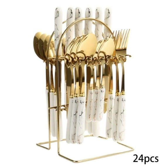 24Pcs Stainless Steel Silverware Set with Marble Ceramic Handles ...