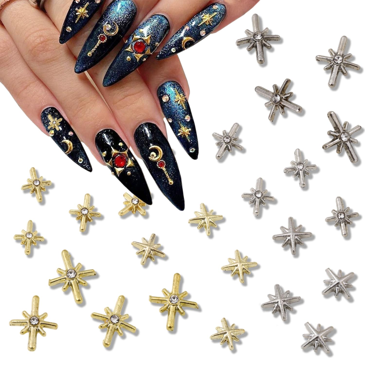 24Pcs Star Nail Charms for Nails Art 3D Gold Star Nail Charms Studs ...