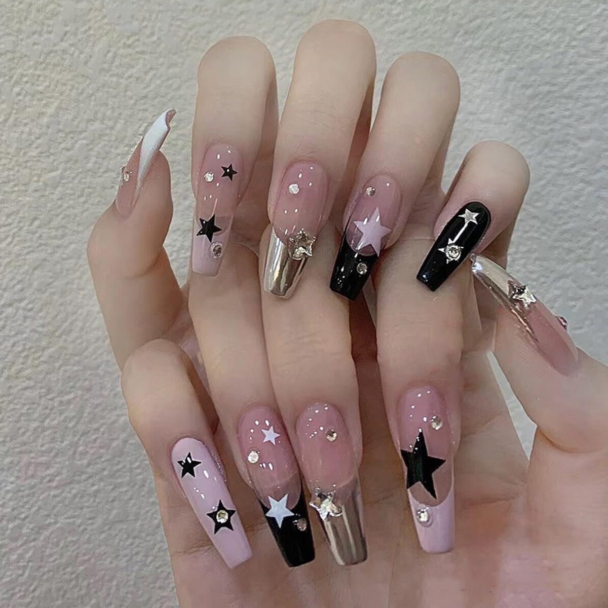 24Pcs Star Press on Nails Long French Tip Fake Nails Glossy Black White ...