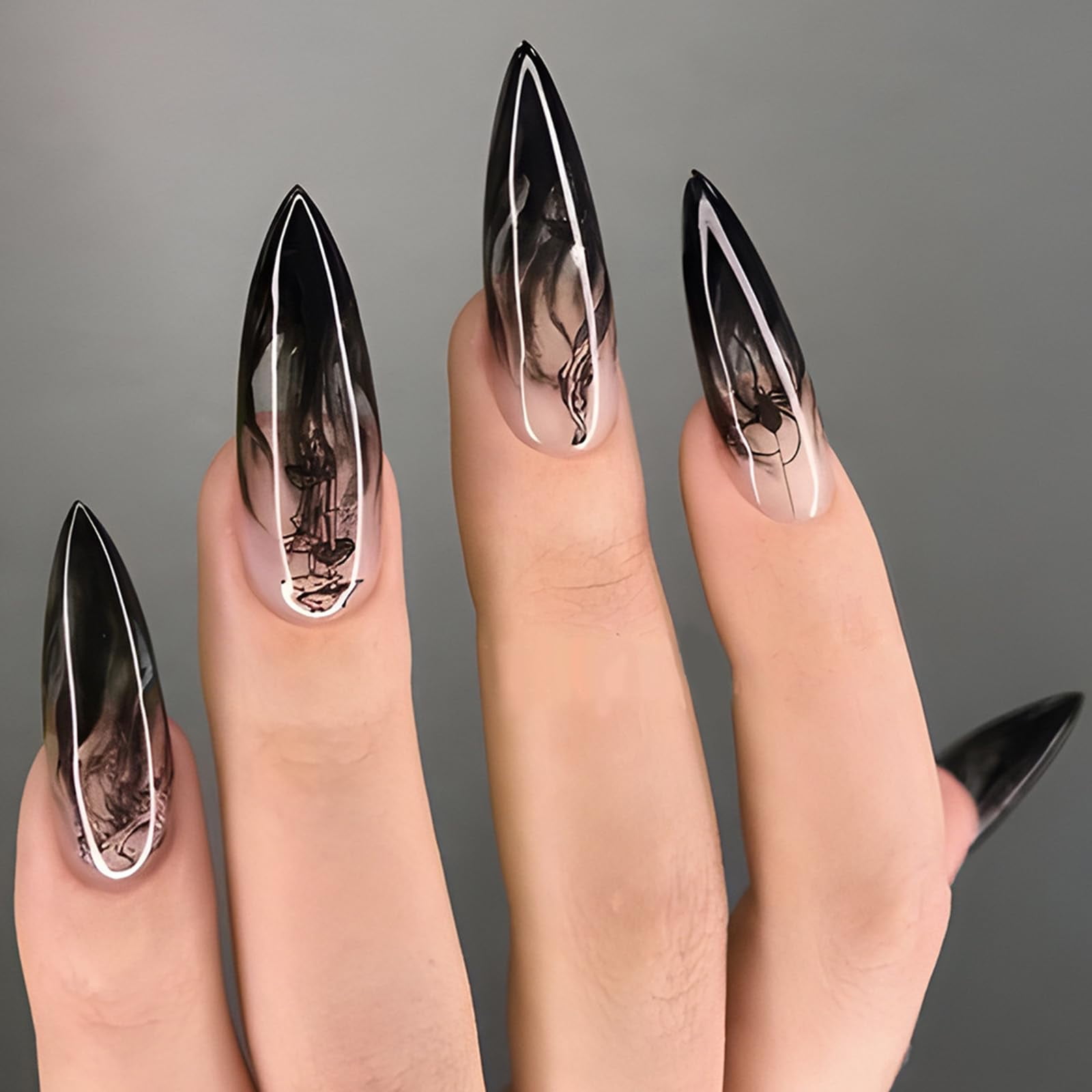 24Pcs Stiletto Press on Nails with Ink Smudge Design Long Stiletto Fake ...