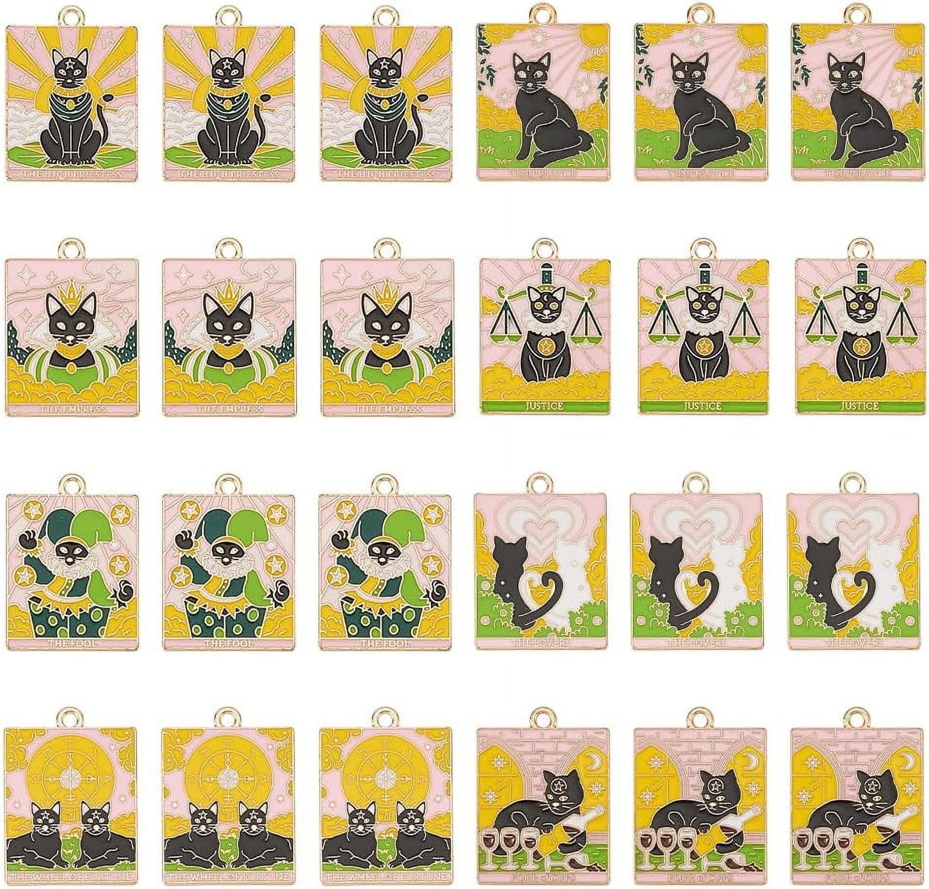 24Pcs Tarot Card Charm 28mm Alloy Cat Tarot Card Charms Black Kitten ...