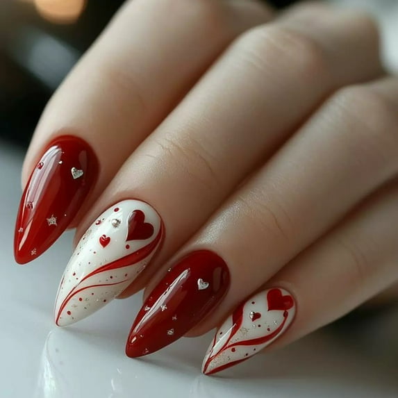 24Pcs Valentines Day Red Press on Nails Medium Squarer Fake Nails with ...