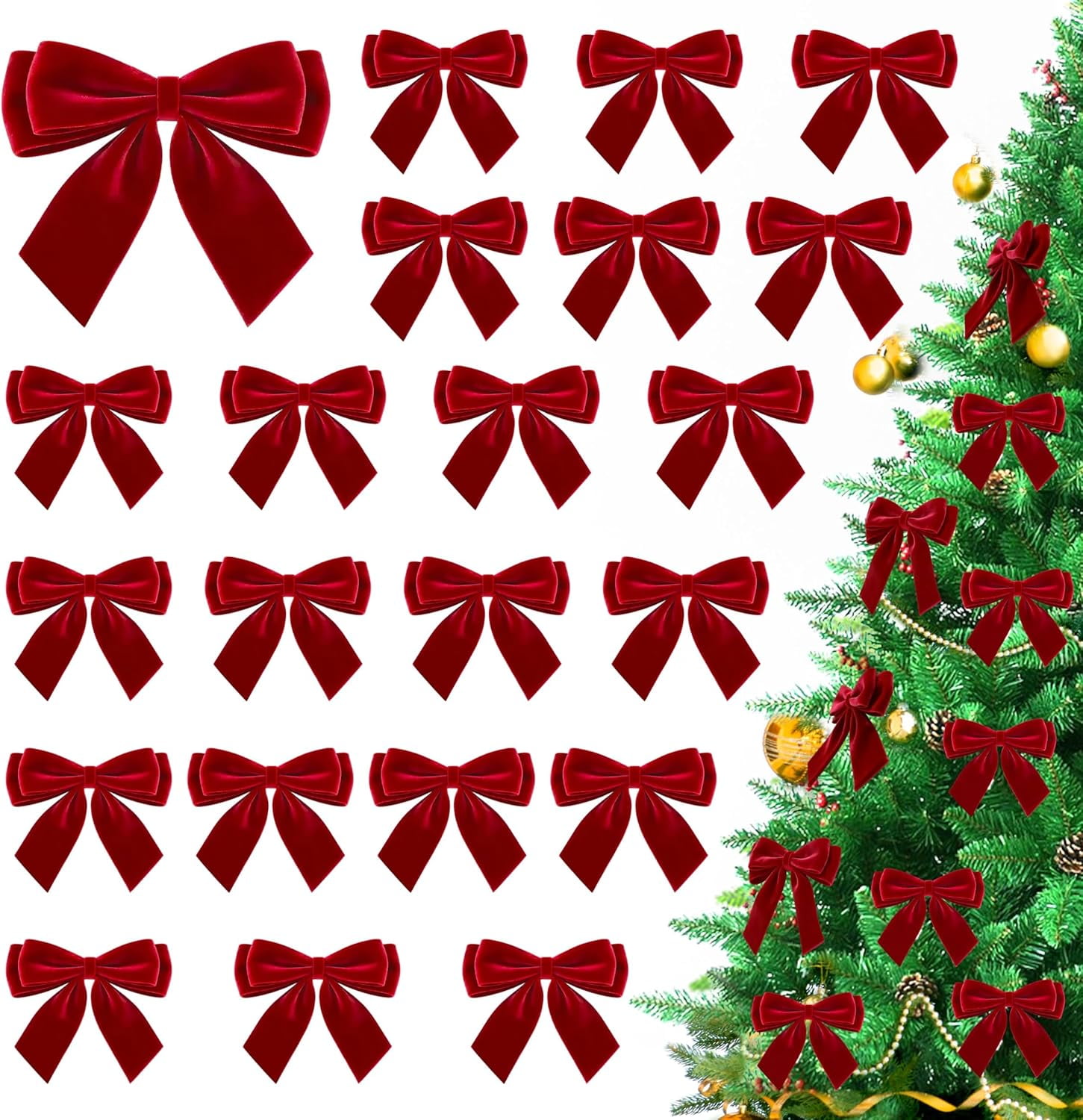 24Pcs Velvet Bows for Christmas Tree, Small Red Bows Christmas ...
