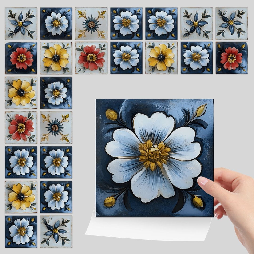 24Pcs Waterproof Tiles Wall Stickers 4 x 4in Multicolour Flowers ...