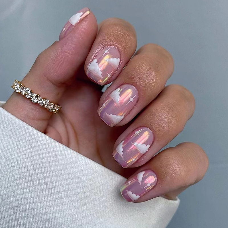 24Pcs White Ice Camellia Short False Nails Art Light Pink Sweet Girls ...