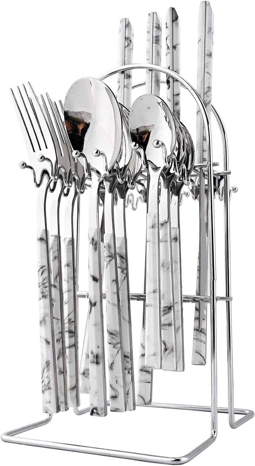 24Pcs White Imitation Marble Pattern Handle Flatware Silverware Set ...