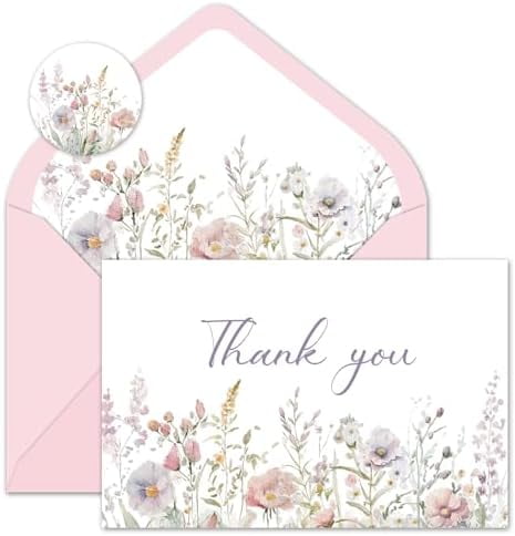 24Pcs Wildflower Thank You Cards Bulk Watercolor Pink Flower Greeting ...