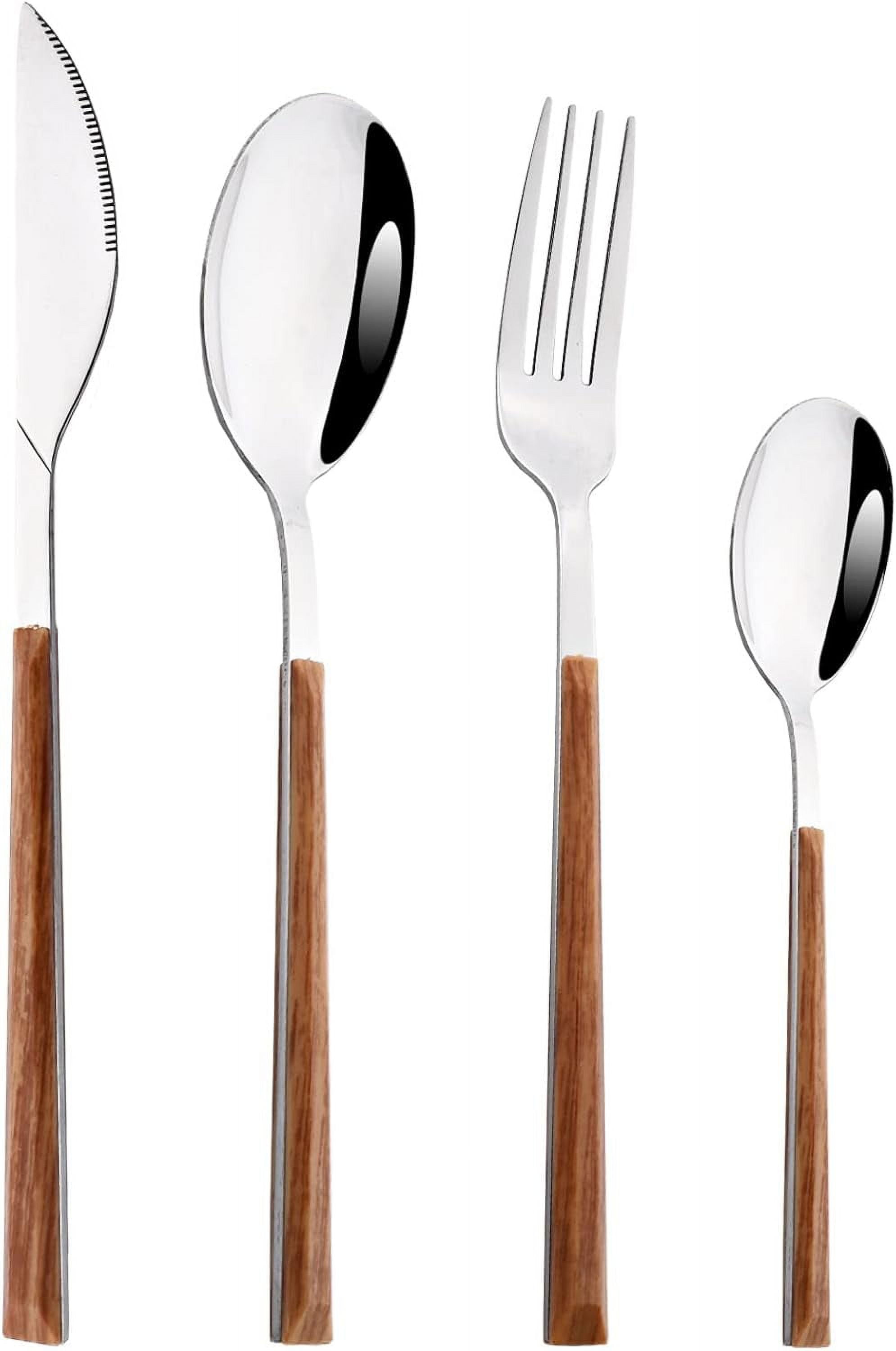 24Pcs Wooden Handle Flatware Silverware Set, Stainless Steel Cutlery ...