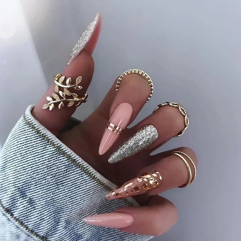 24pcs Long Stiletto False Nails Wearable Almond Fake Nails Pink Leopard