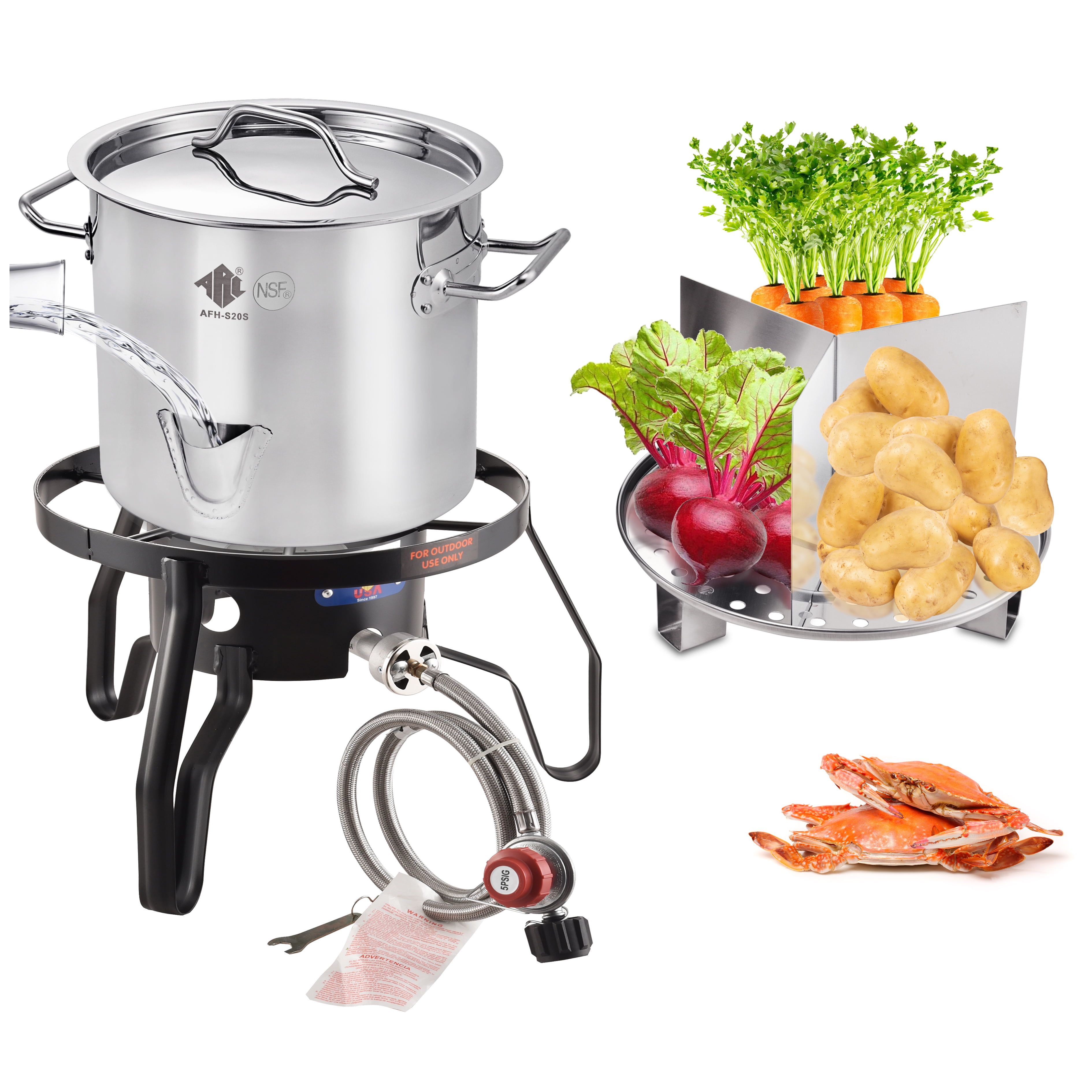 24QT Steaming Kit, 55,000BTU Portable Propane Burner, SS Steamer Pot w ...