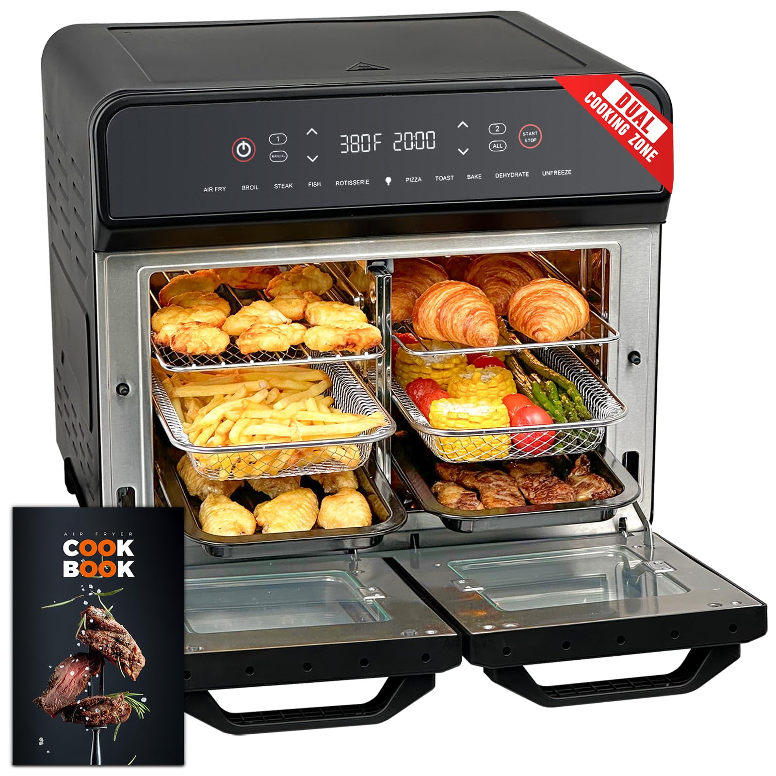 24Qt Dual Zone Air Fryer Oven with Rotisserie, Extra Large Double Air ...