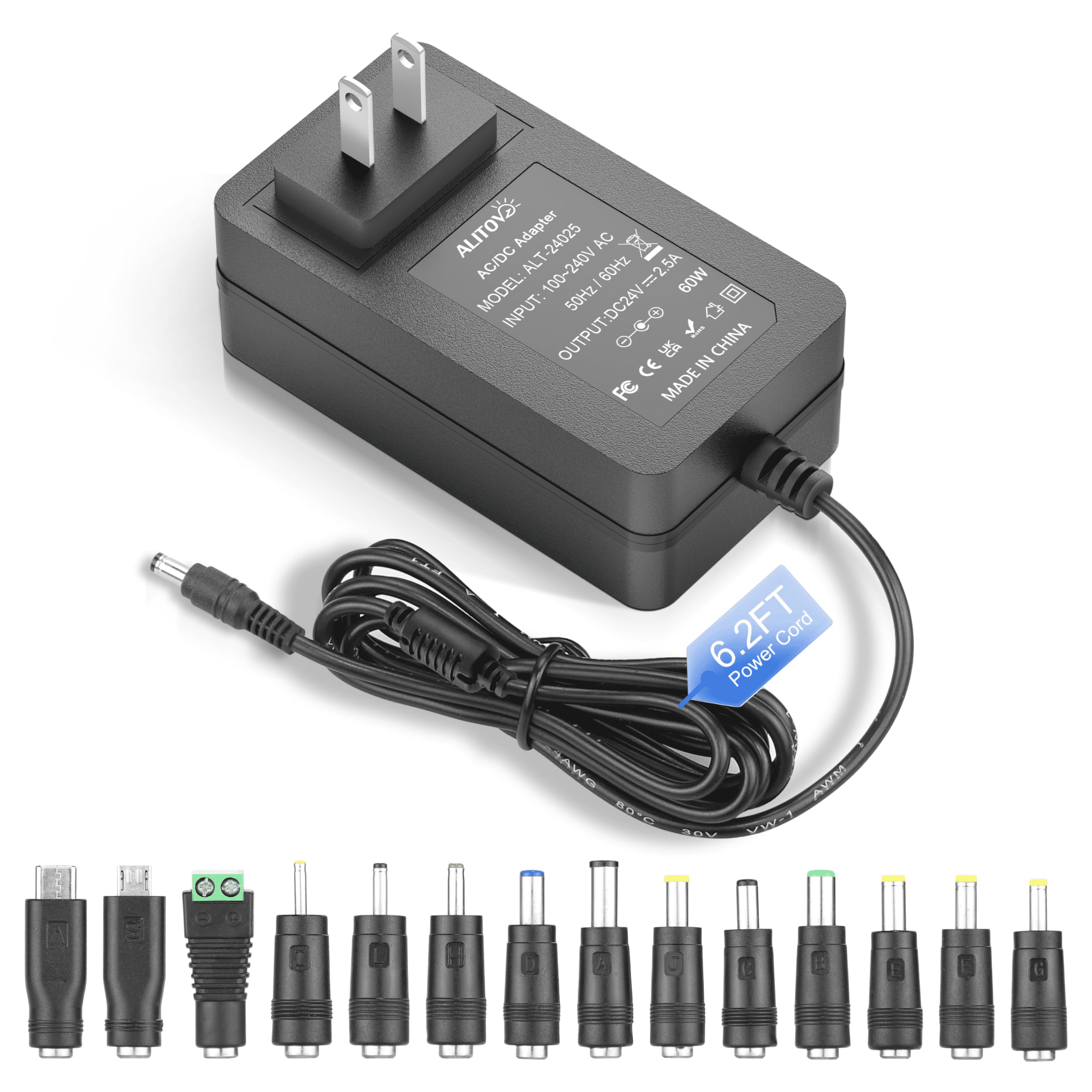 24V 2.5A 60W Universal Power Adapter with 14 Multi DC Tips, 6.2FT Long ...