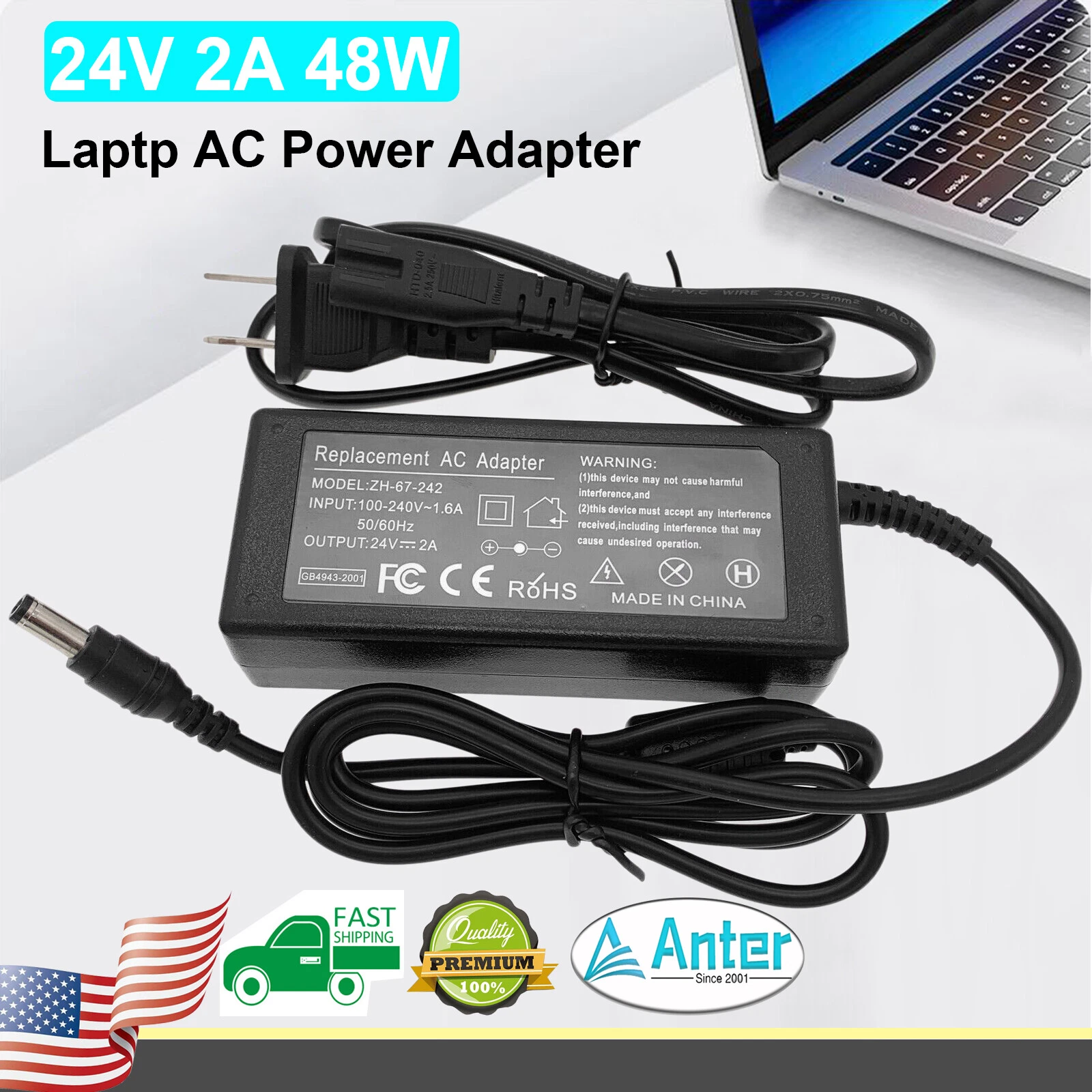 24V 2A AC DC Adapter Power Supply Cord Charger For LCD Monitor Printer ...