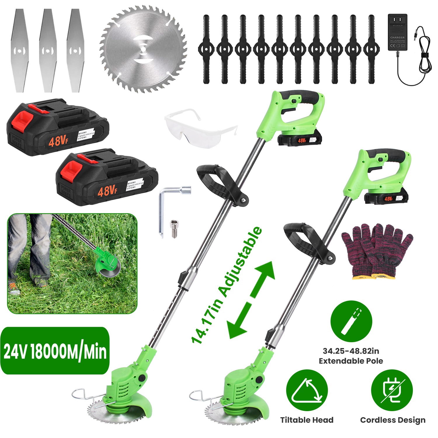 24V 300W Cordless Grass Trimmer Rechargeable Lawn Mower 18000M/Min Weed ...