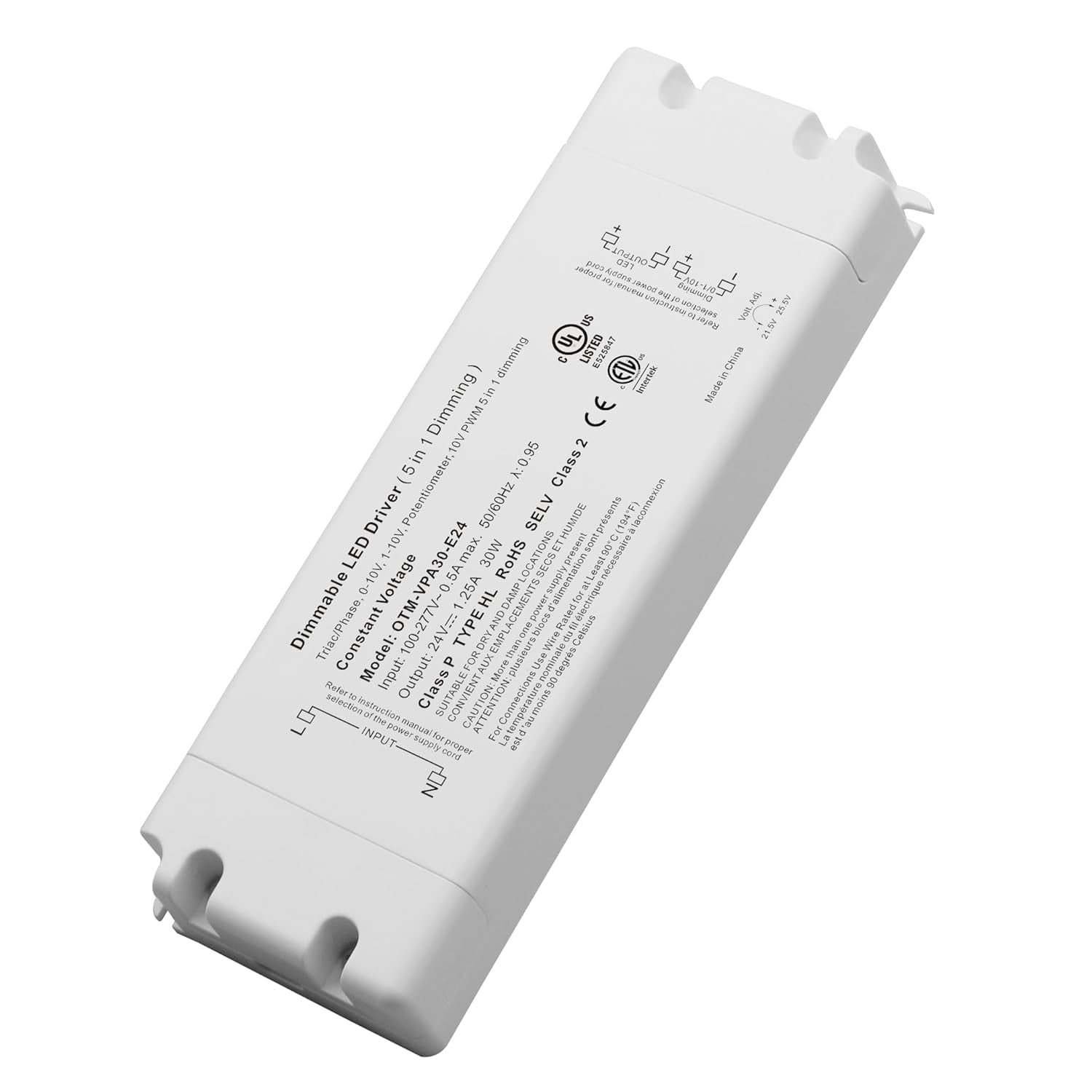 24V 30W Dimmable LED Driver, 5-in-1 Dimming Power Supply, Class 2 AC ...